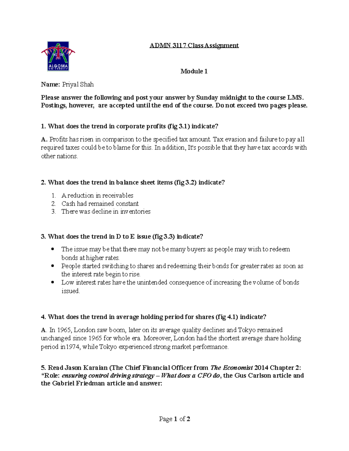 Module 1 Class assignment 2023 ADMN 3117In class - ADMN 3117 Class Assignment Module 1 Name ...