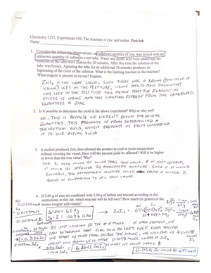 Chemistry 1210 Experiment 4 Conservation of Mass, Pre-lab - CHEM 1215 ...
