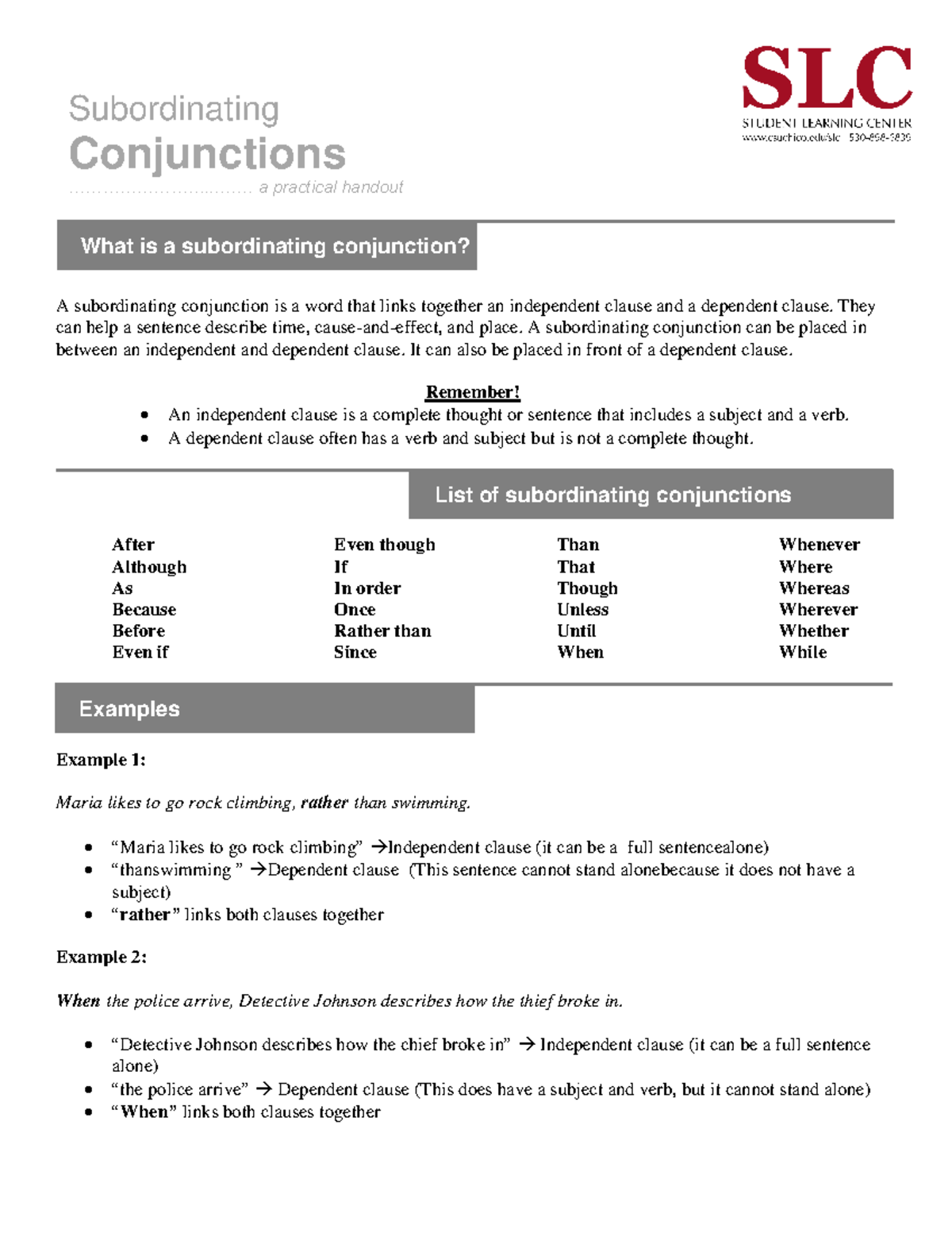 Subordinating-conjunctions-handout - Subordinating Conjunctions SLC ...