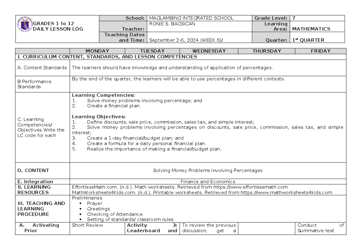 MATH 7 Q1 WK6 DLL - MATATAG 7 CUR - GRADES 1 to 12 DAILY LESSON LOG ...