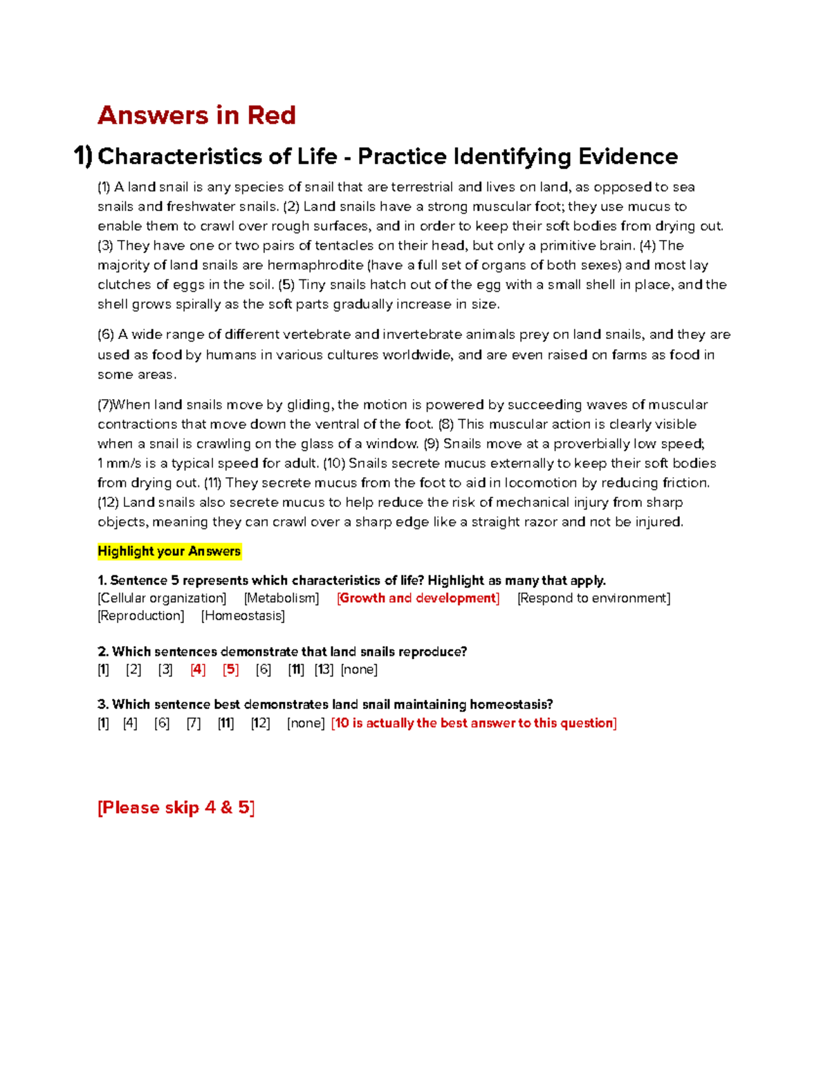 Unit 1 Characteristics of Life - Study Guide - KEY - Answers in Red 1 ...