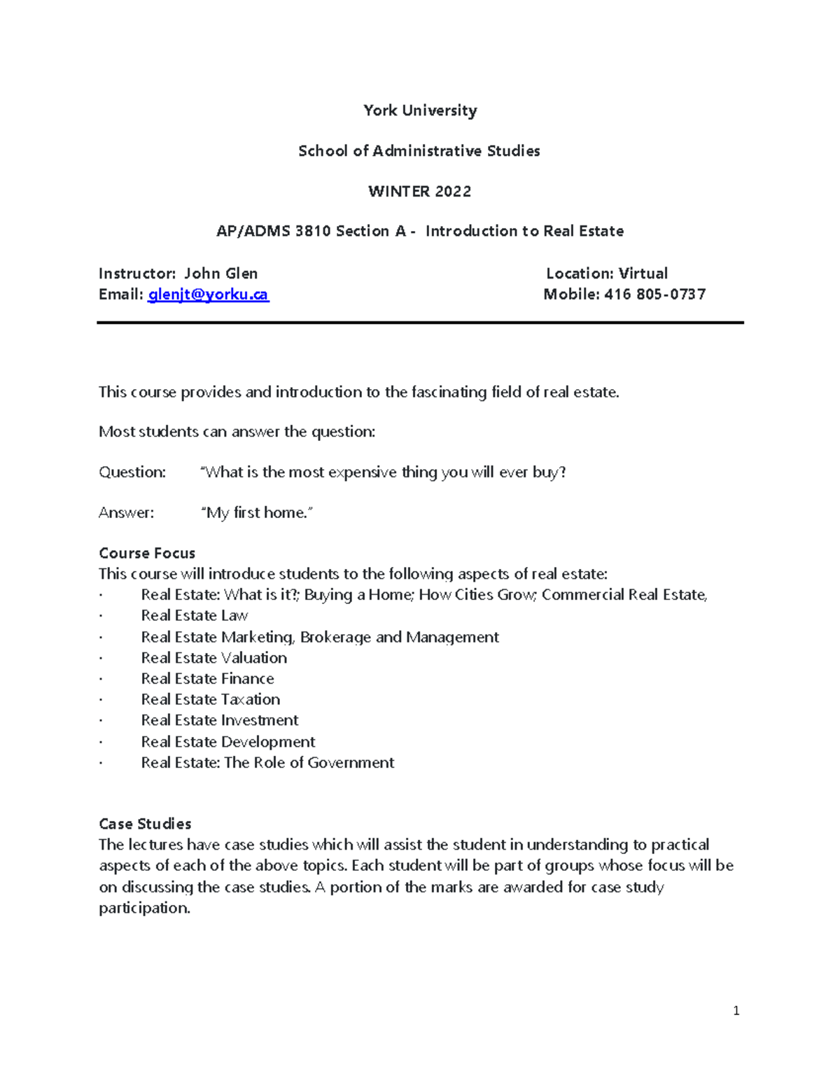 3810 Course Outline - York University School of Administrative Studies ...