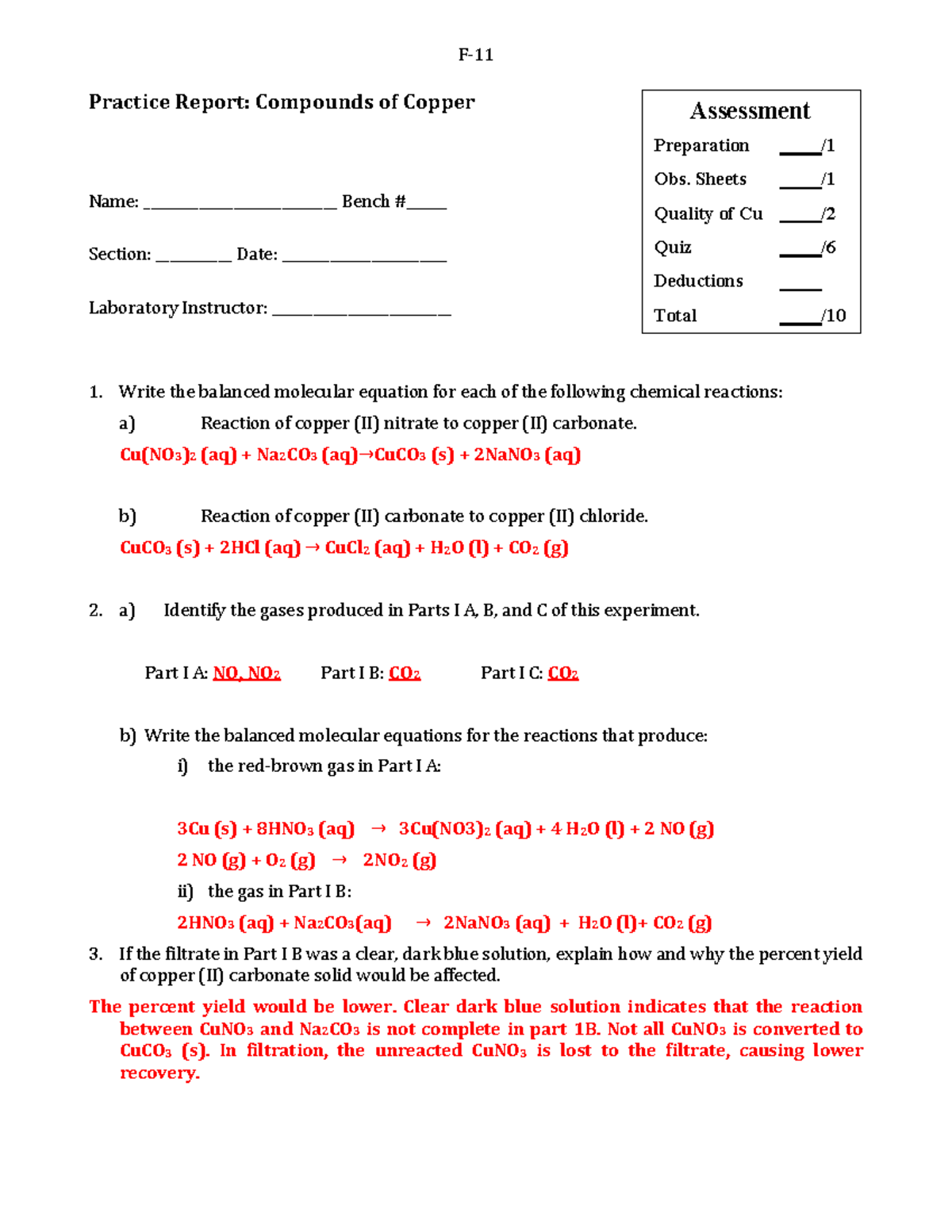 Answer key-copper practice report - F- Practice Report: Compounds of ...