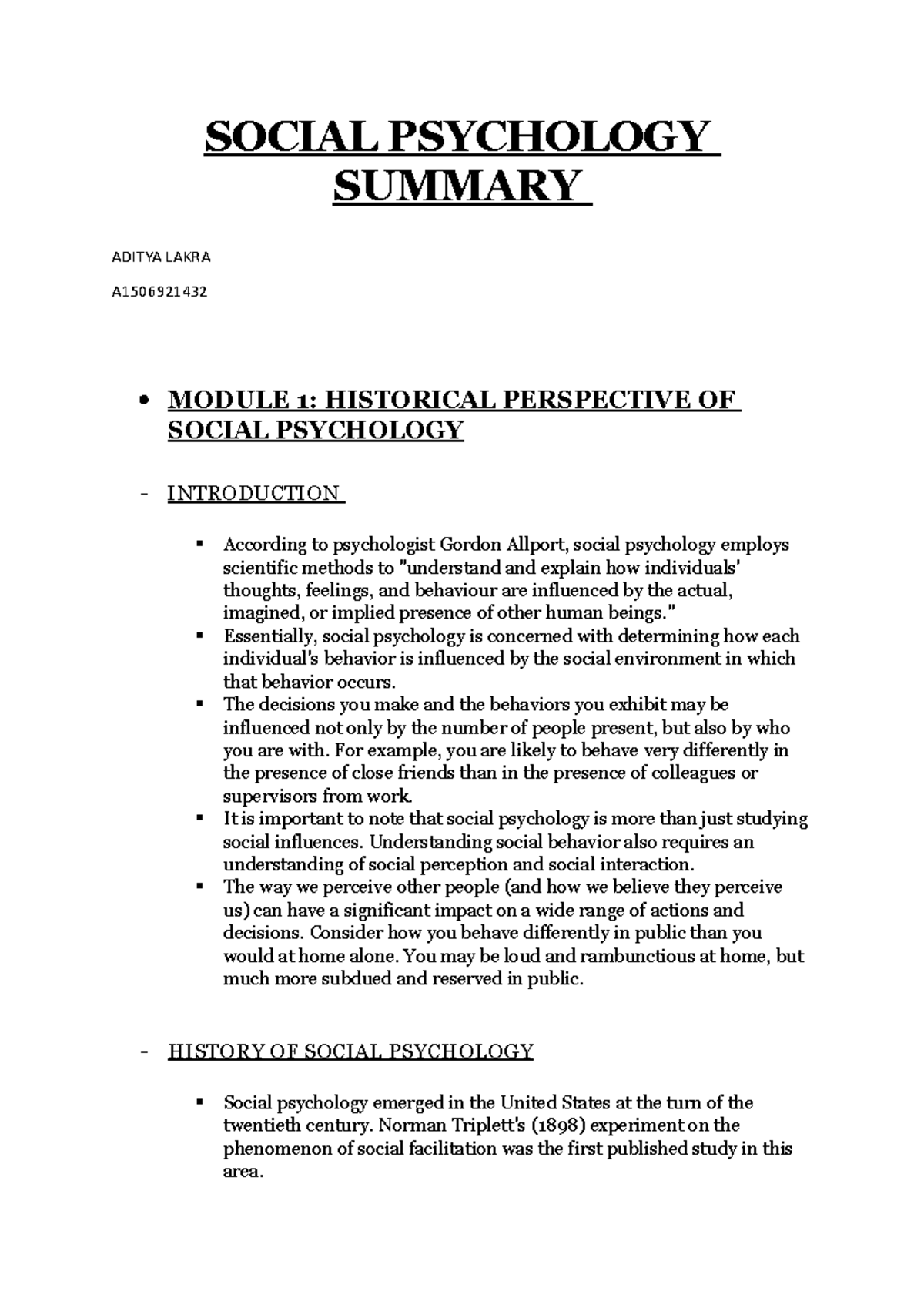 Social Psychology Summary - SOCIAL PSYCHOLOGY SUMMARY ADITYA LAKRA A ...