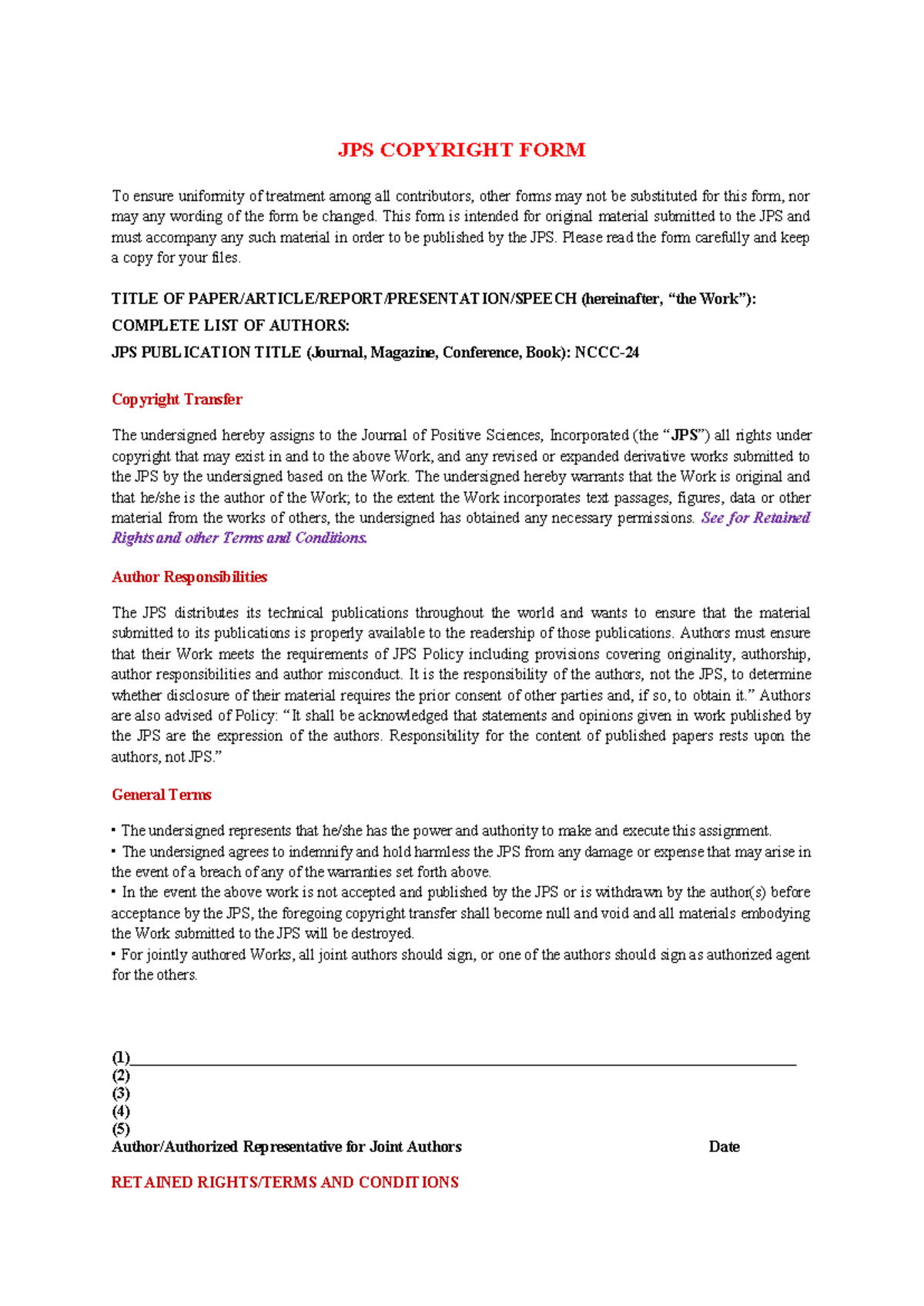 JPS Copyright FORM-1 - JPS COPYRIGHT FORM To ensure uniformity of ...