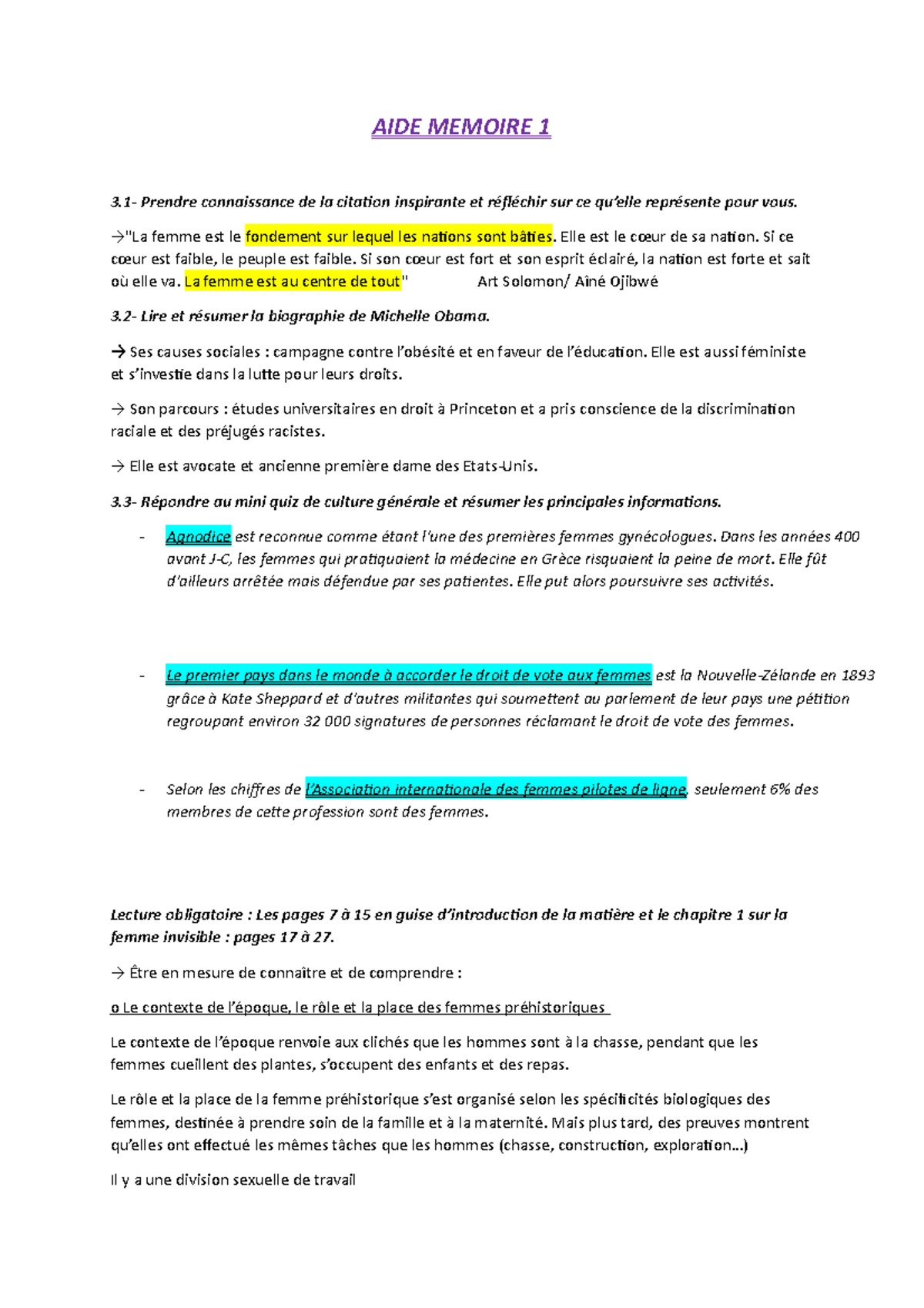 AIDE Memoire I - L'aide mémoire du cours 1 sur les femmes et travail ...