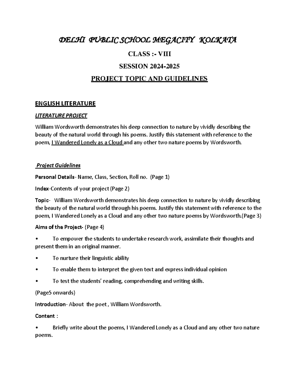 Class VIII Project AND Guidelines - DELHI PUBLIC SCHOOL MEGACITY ...