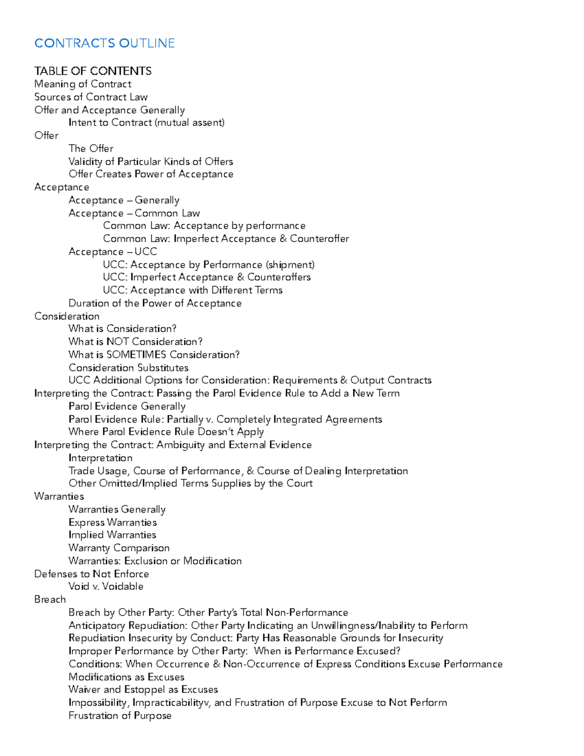 Contracts Outline Final copy - CONTRACTS OUTLINE TABLE OF CONTENTS Meaning of Contract Sources ...