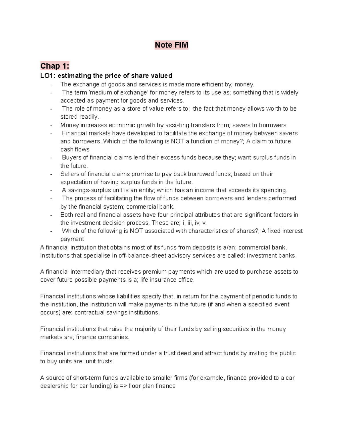 Note-Chapters-FIM - Note - Note FIM Chap 1: LO1: estimating the price ...