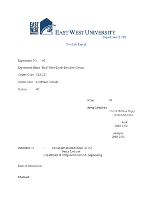 Cse Labreport-2 - Zener diode breakdown - East West University Department of CSE LAB REPORT ...