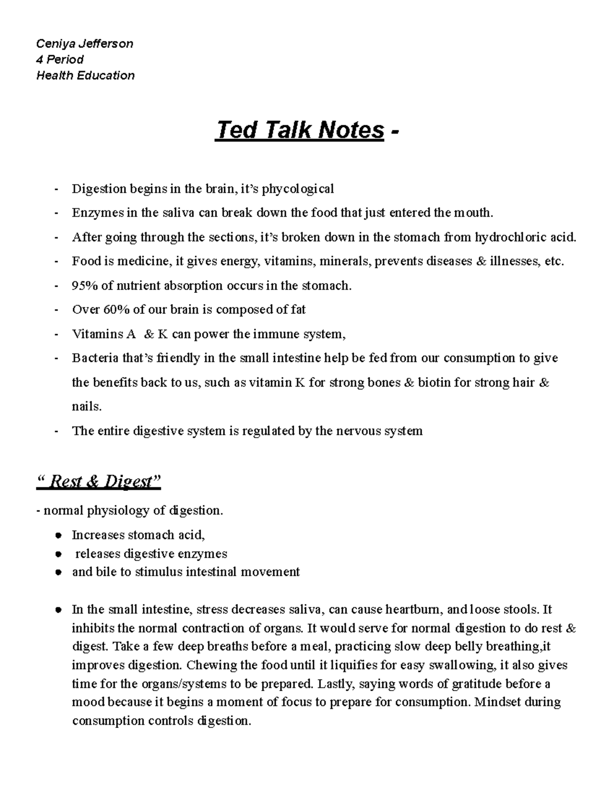 Digestive Ted Talk Notes - Ceniya Jefferson 4 Period Health Education ...