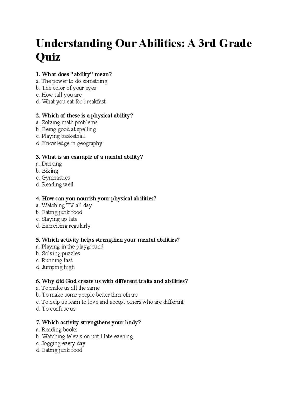 Glock- GMRC QUIZ - GMRC QUIZ - Understanding Our Abilities: A 3rd Grade Quiz 1. What does - Studocu