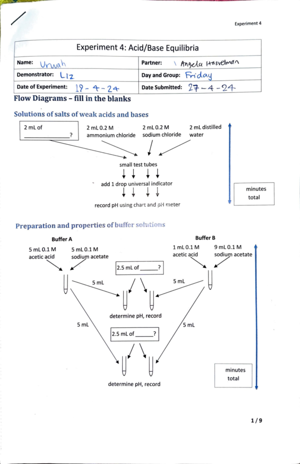 Chemistry 1 (CHEM1101) Lab 4 - / Experiment 4 Experiment 4: Acid/Base Equilibria Name: VV\NO ...