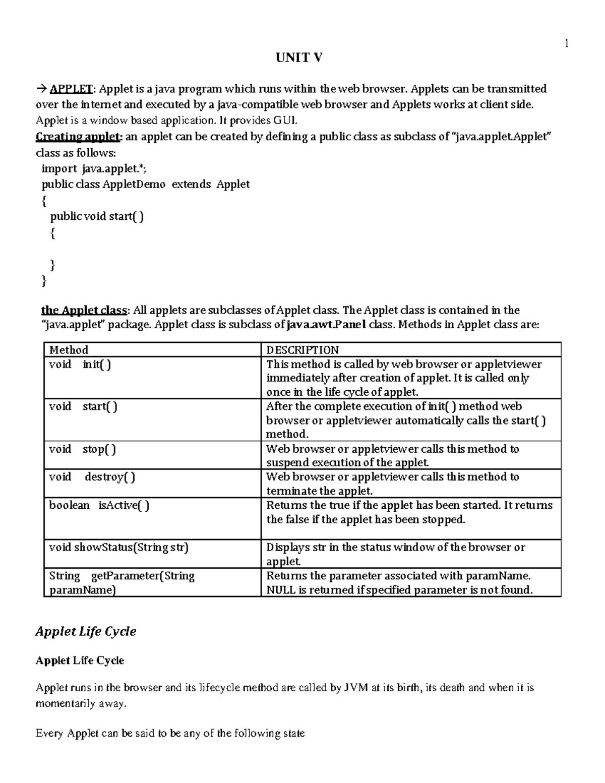 Unit V Applet & AWT & Swings - UNIT V → APPLET: Applet is a java program which runs within the ...