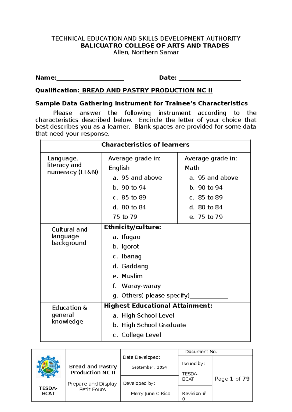 BPP- Portfolio Draft - Teachers Guide For Bread and Pastry Production - TECHNICAL EDUCATION AND ...