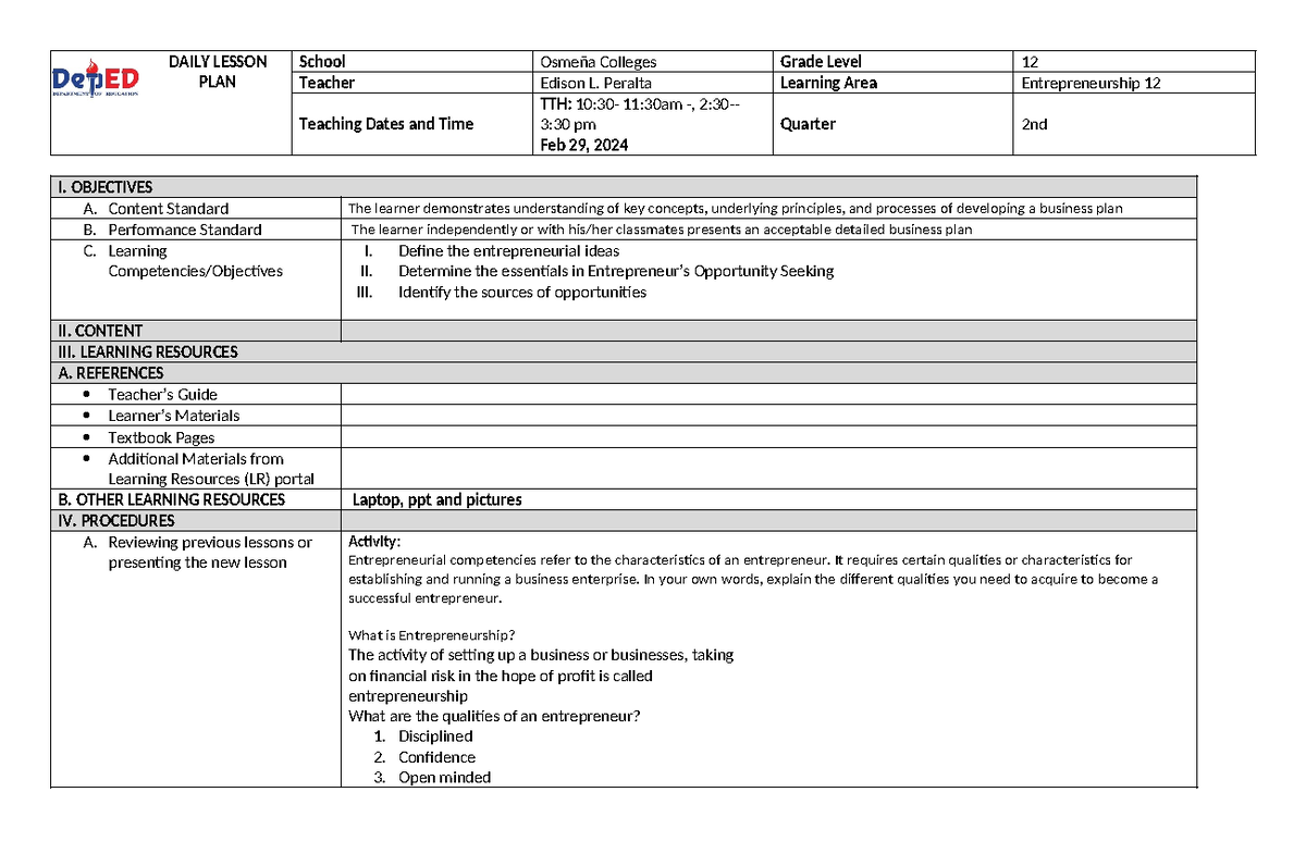 Edison-lesson-plan - DAILY LESSON PLAN School Osmeña Colleges Grade ...
