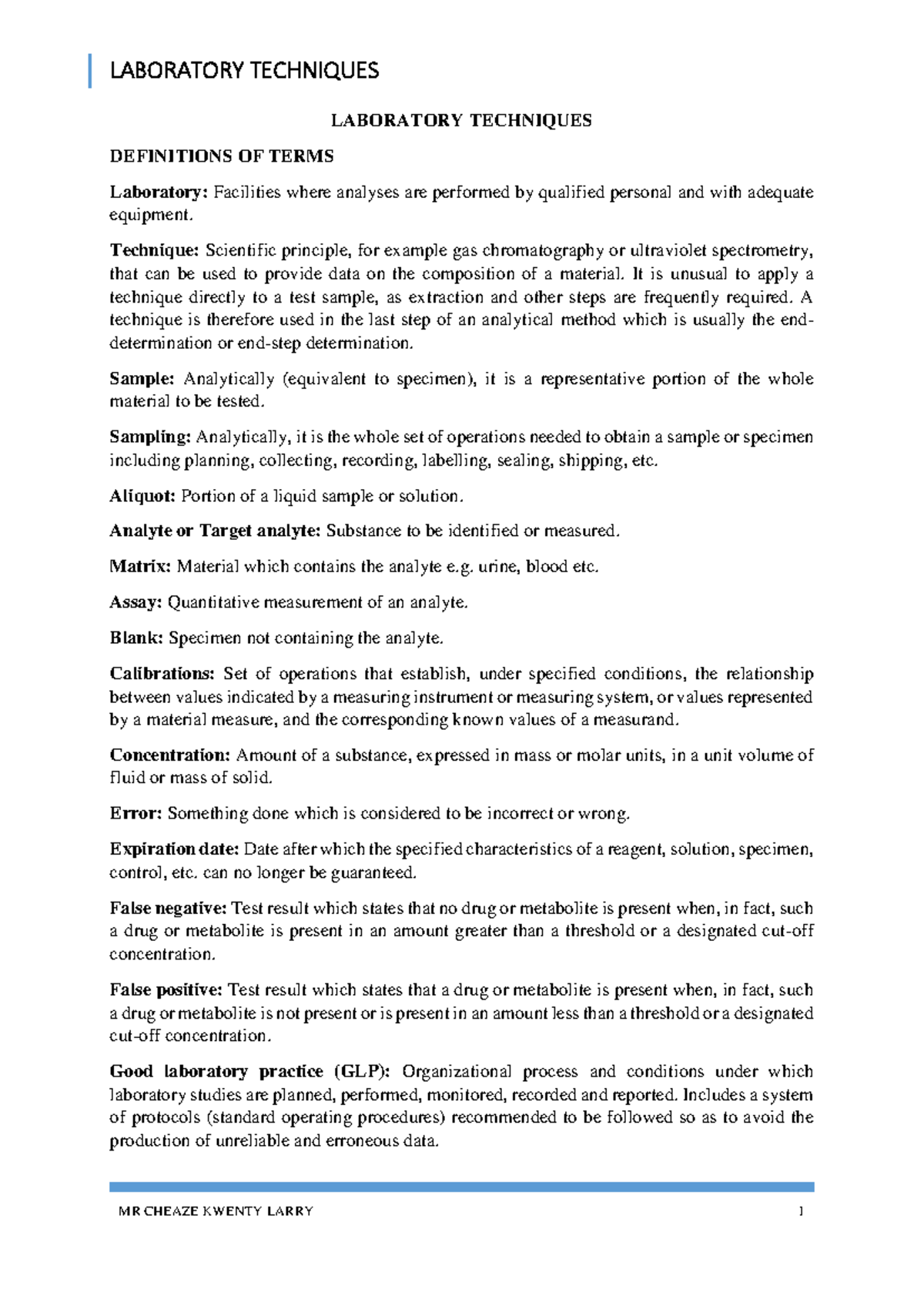 Laboratory Techniques VTI - LABORATORY TECHNIQUES DEFINITIONS OF TERMS ...