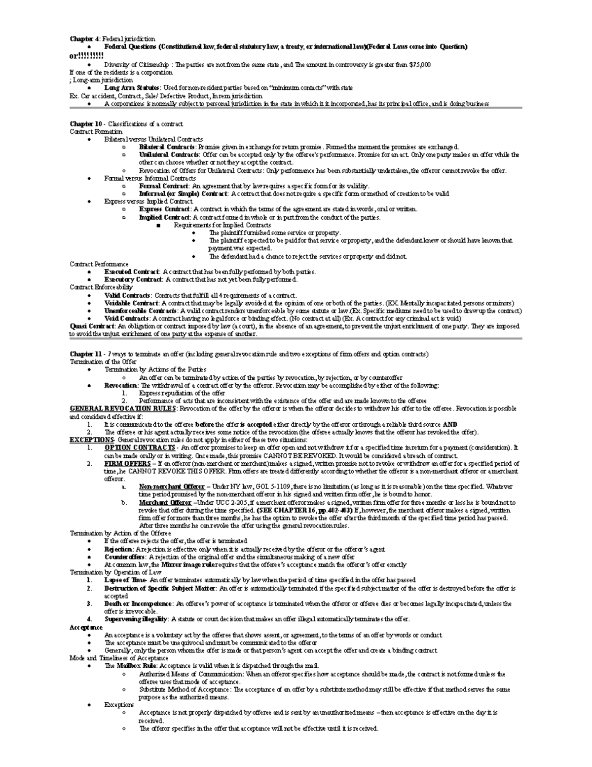 Law Midterm Cheat Sheet - Chapter 4: Federal jurisdiction Federal ...