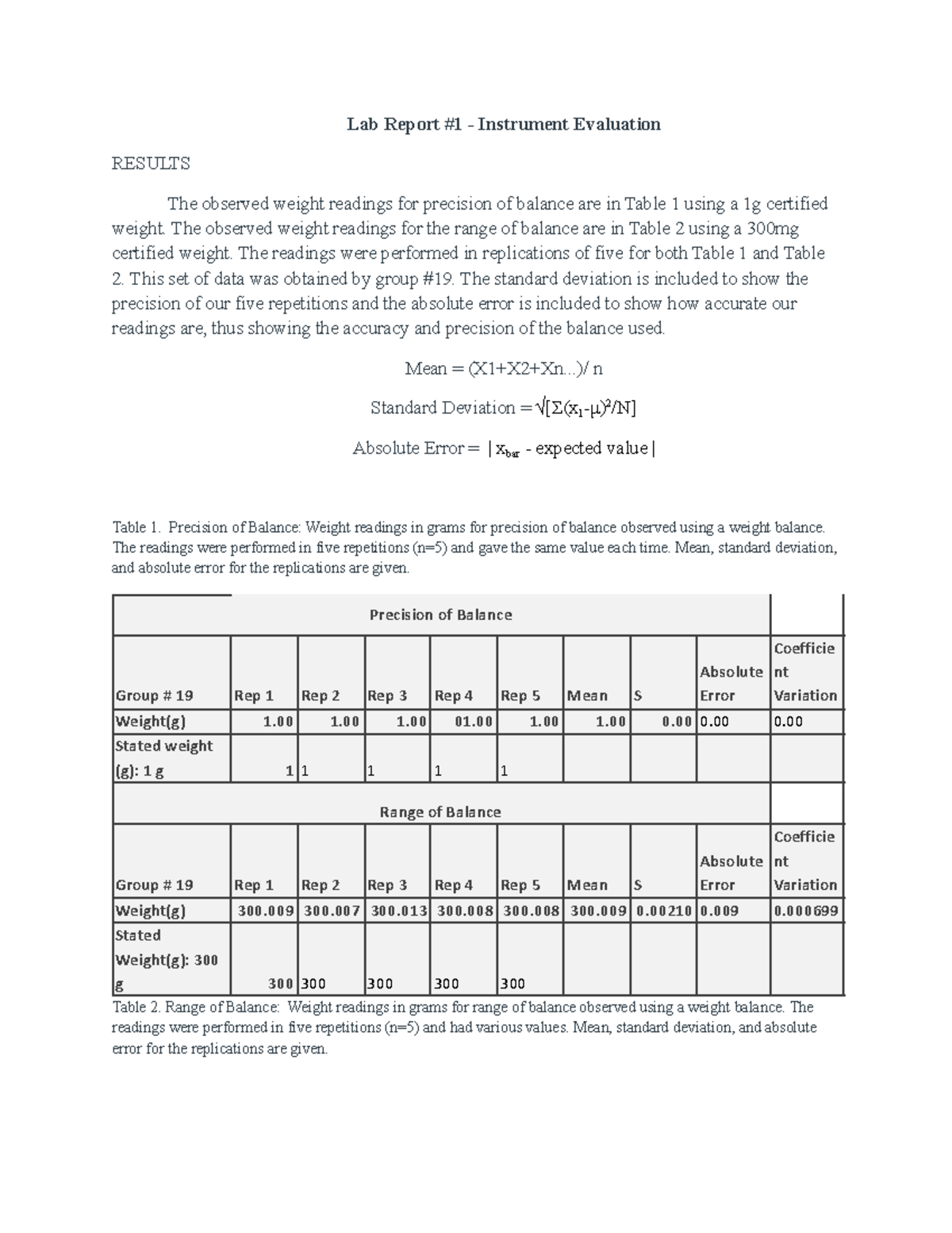 VEN 123L Lab Report #1 - Lab Report #1 - Instrument Evaluation RESULTS ...