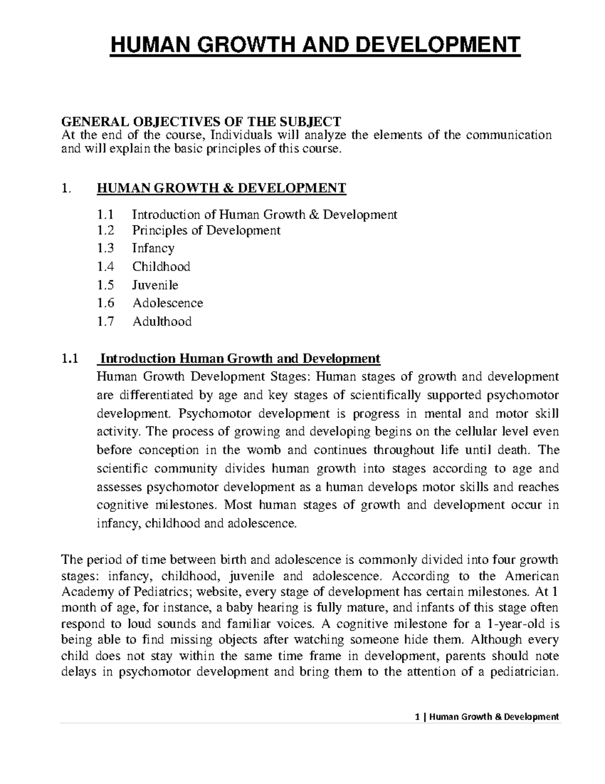 01.Human Growth Development - GENERAL OBJECTIVES OF THE SUBJECT At the ...