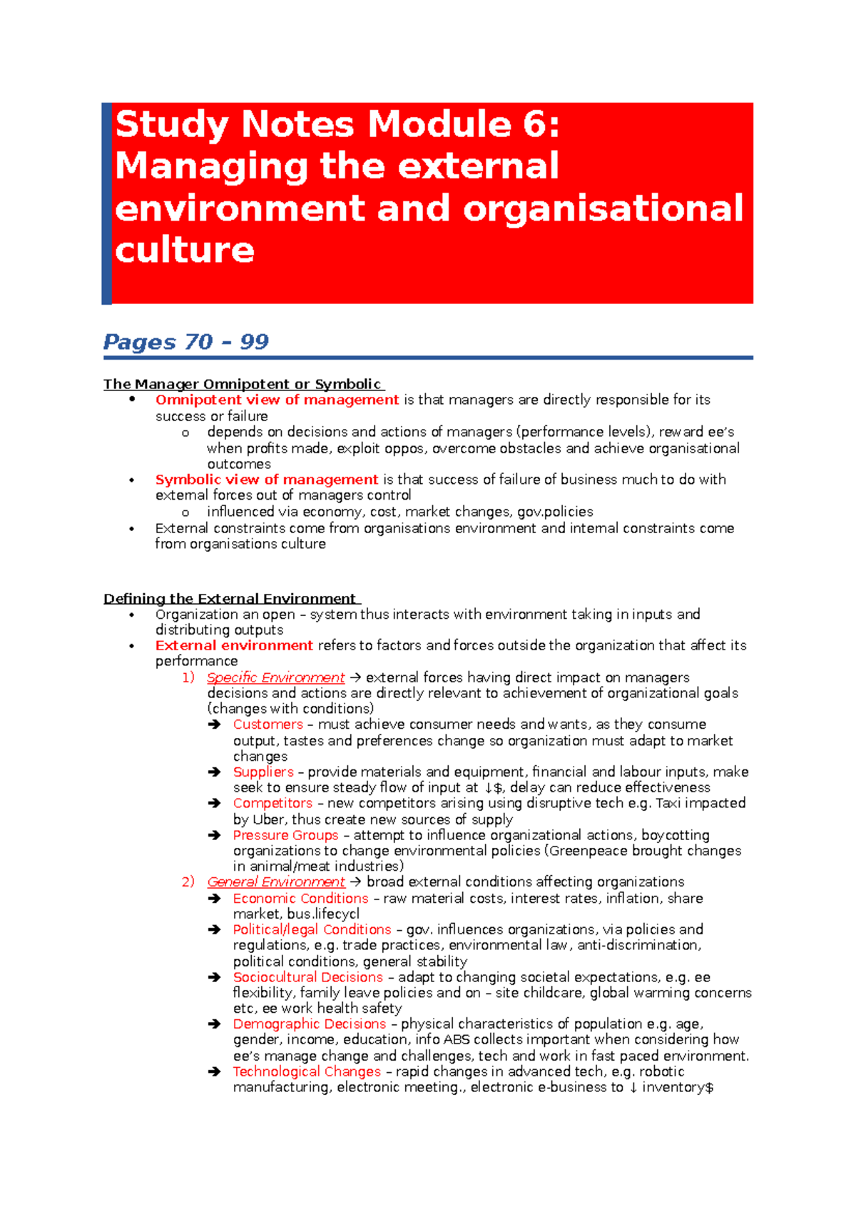 Study Notes Module 6 - Managing External Environment and Organisational ...