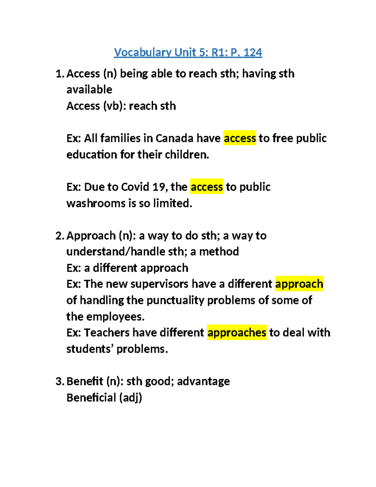 Vocabulary Unit 5 - ABC - Vocabulary Unit 5: R1: P. 124 Access (n ...