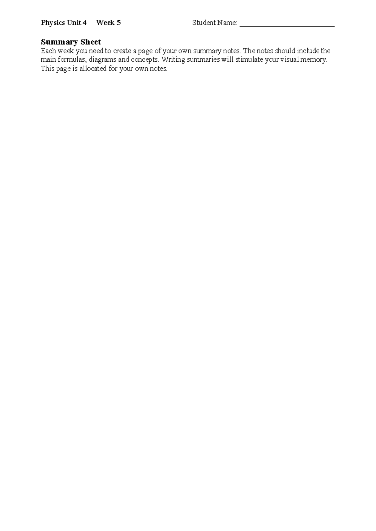 Ph034workbook 5 - simple notes - Physics Unit 4 Week 5 Student Name