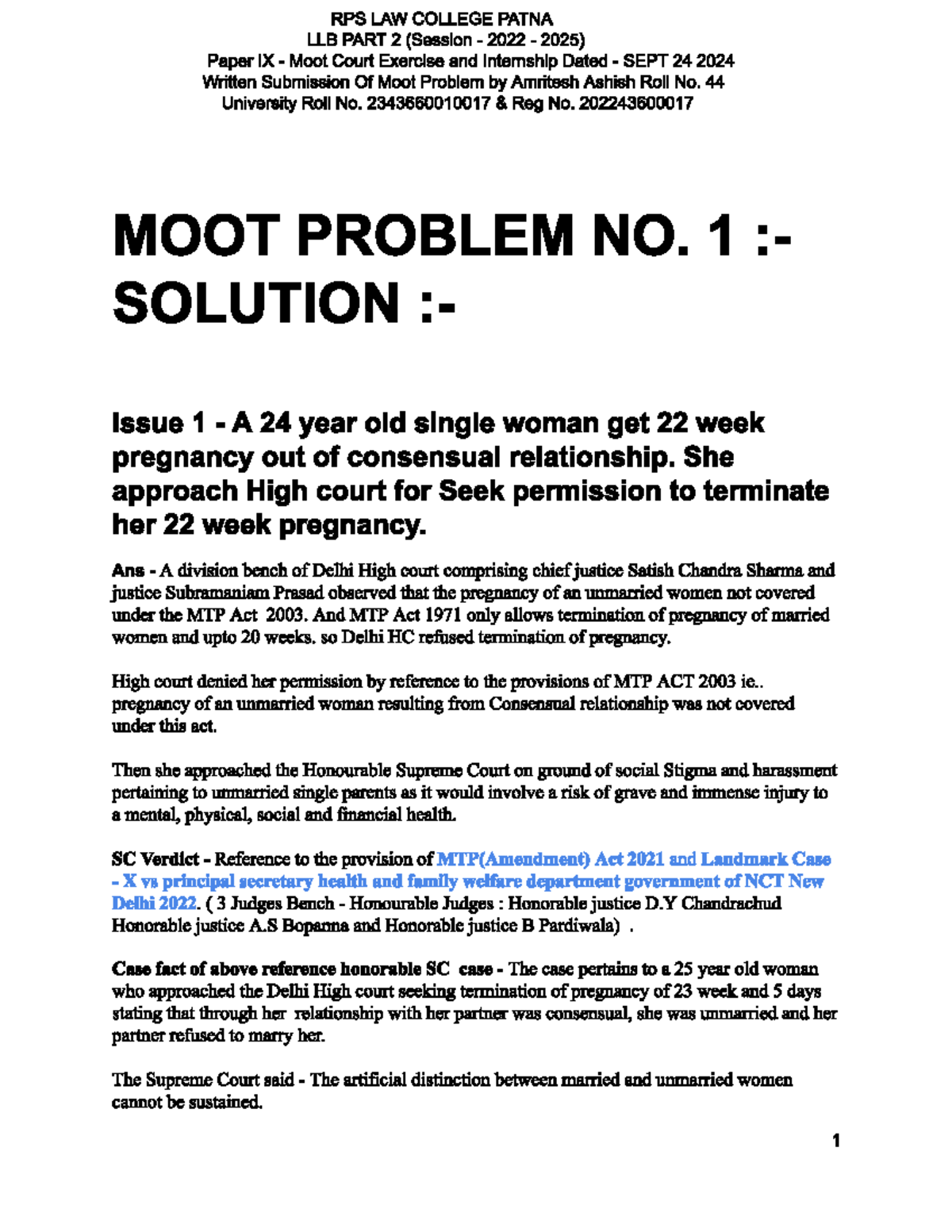 MOOT 1 Solution - RPS LAW COLLEGE PATNA LLB PART 2 (Session Paper IX ...