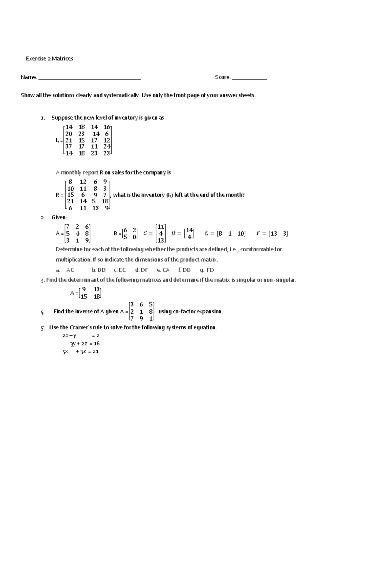 Exercise on matrices (Management Science) Bachelor of Science in ...