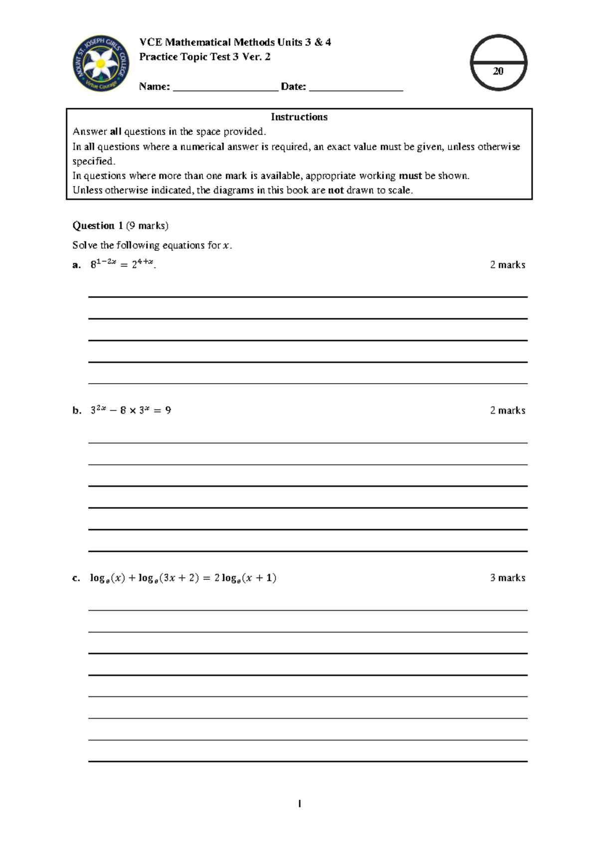 12 Methods Practice Topic Test 3 Ver. 2 - VCE Mathematical Methods ...