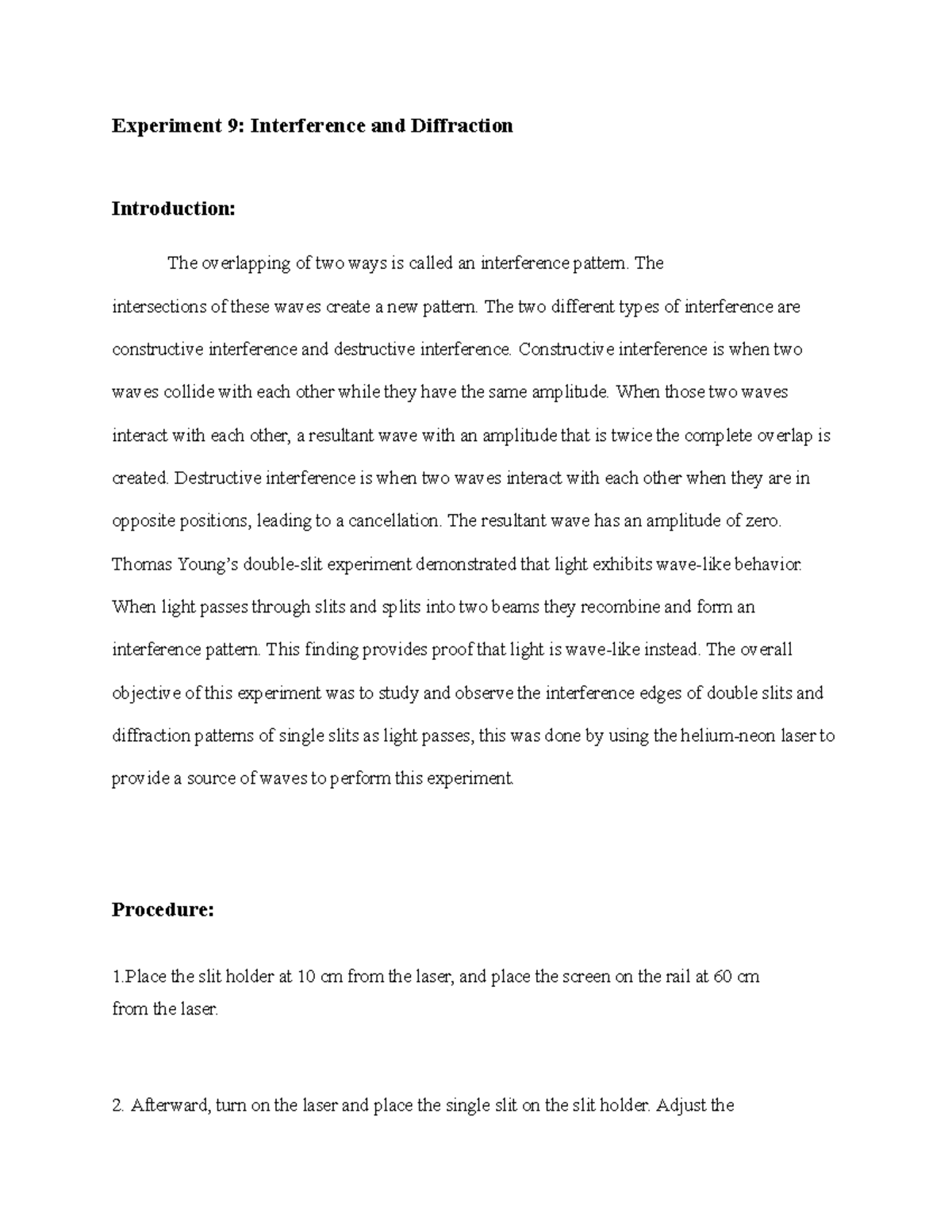 Experiment 9 Interference and Diffraction-2 - Experiment 9: Interference and Diffraction - Studocu
