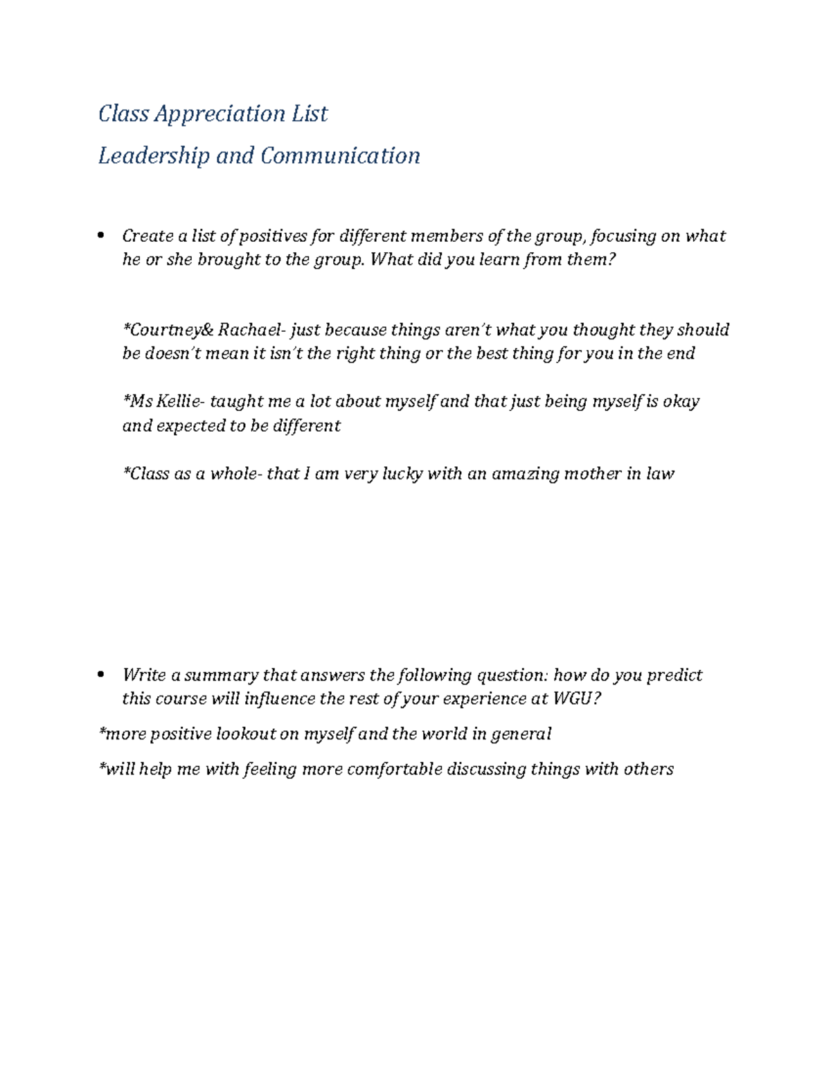 Last class review - Class Appreciation List Leadership and ...