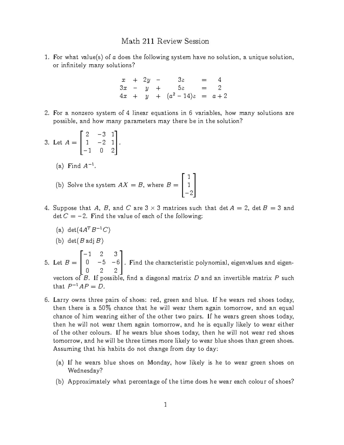 211Review Questions - Math 211 Review Session For what value(s) ofadoes ...