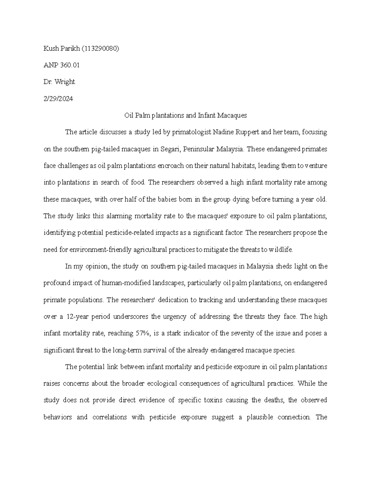 Oil Palm plantations and Infant Macaques - Kush Parikh (113290080) ANP ...