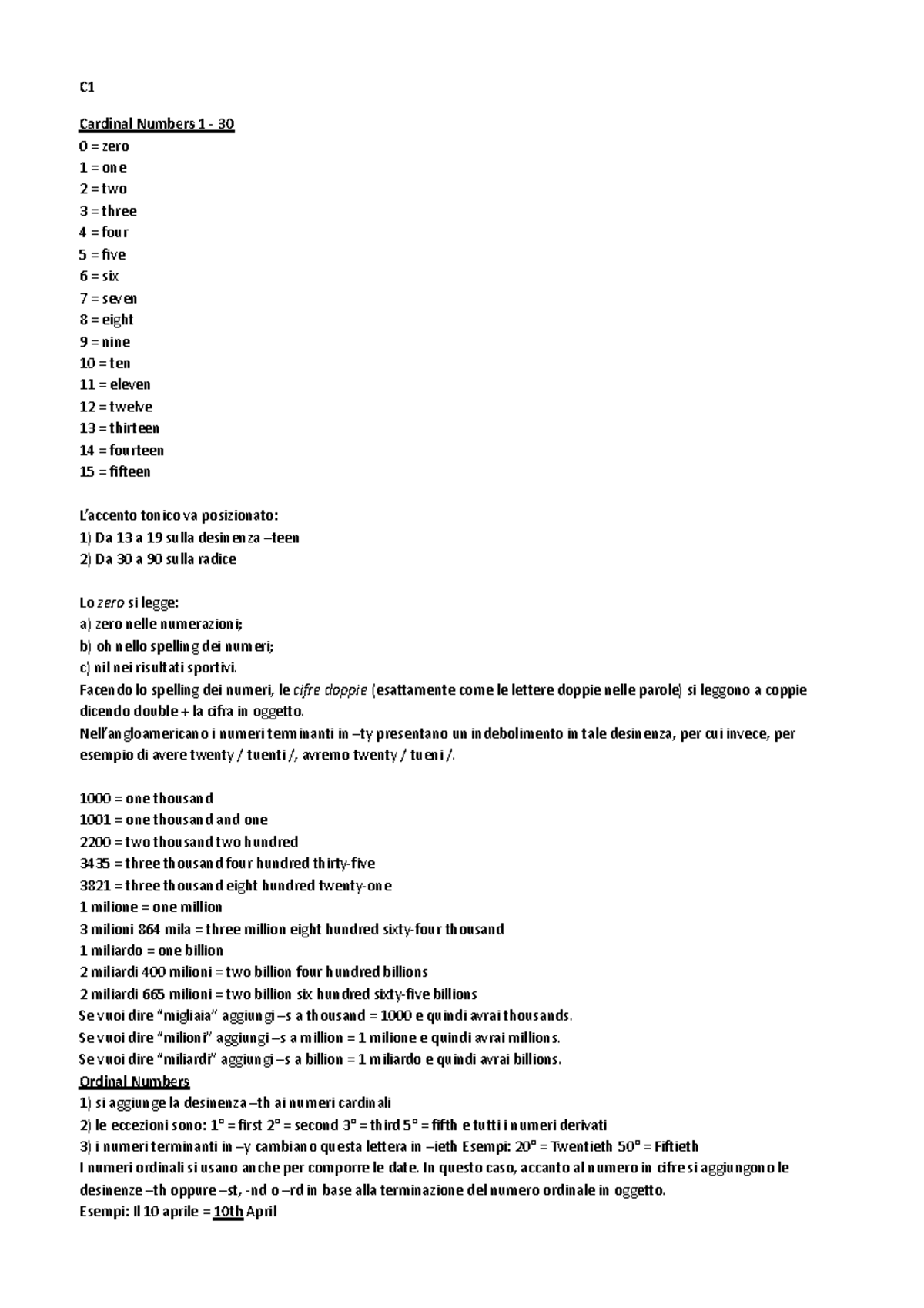 C1-C2 lezioni riassunto - C Cardinal Numbers 1 - 30 0 = zero 1 = one 2 ...