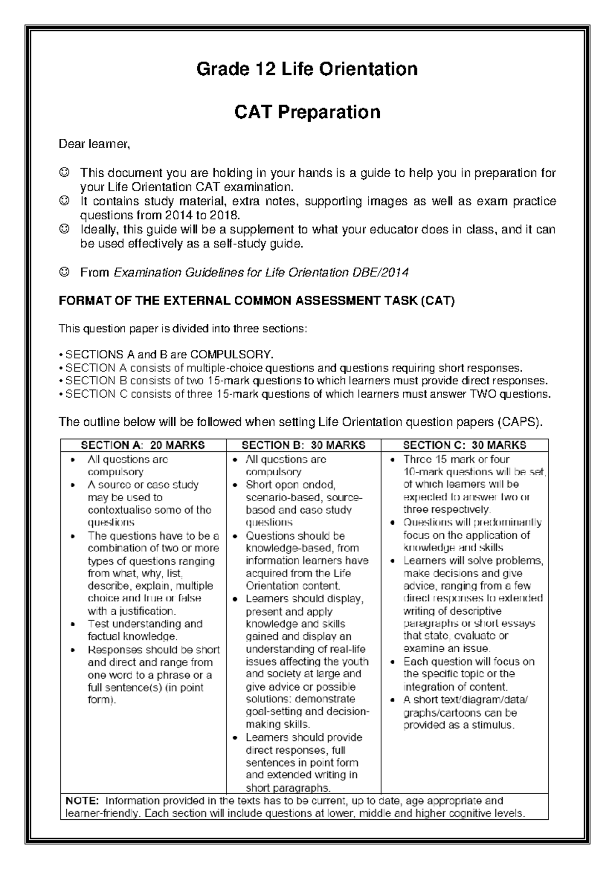 2020 Gr 12 LO CAT prep pack - Grade 12 Life Orientation CAT Preparation ...