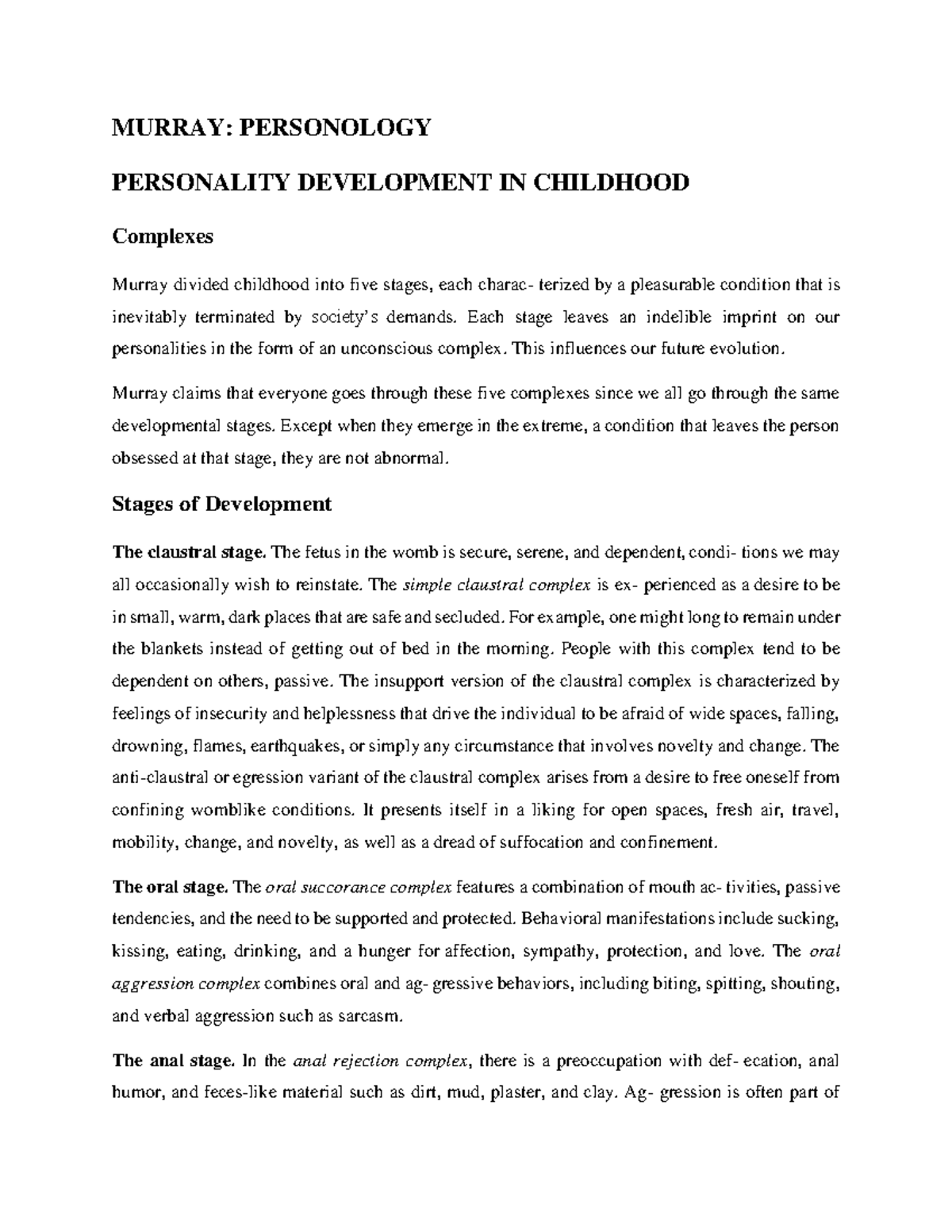 Murray Personology - MURRAY: PERSONOLOGY PERSONALITY DEVELOPMENT IN ...
