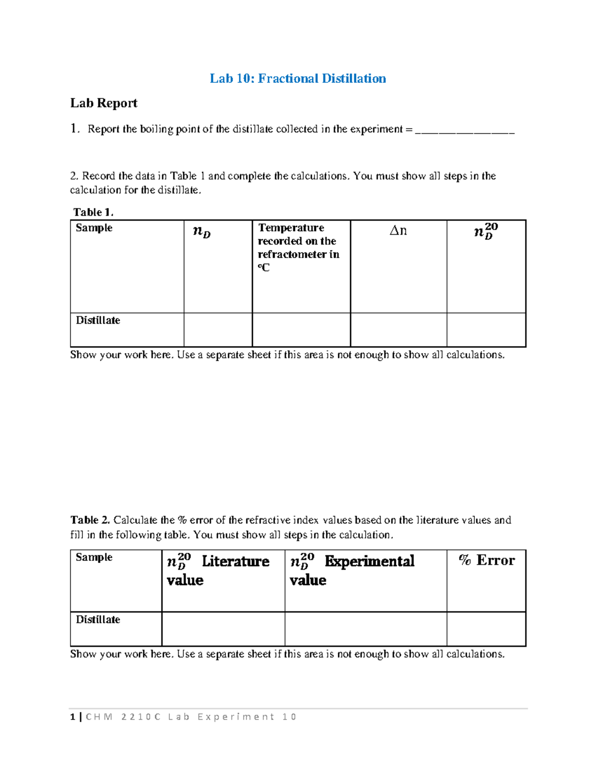 Lab 10 Fractional Distillation - 1 | C H M 2 2 1 0 C L a b E x p e r i ...
