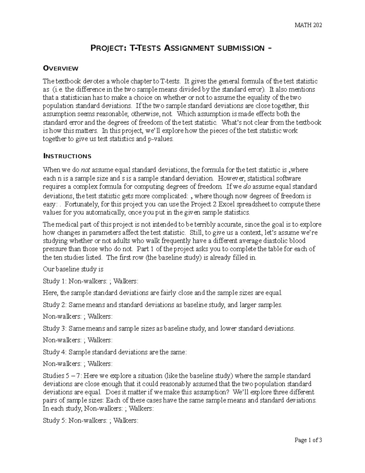 Project T-Tests Assignment Submission - MATH 202 PROJECT: T-TESTS ...