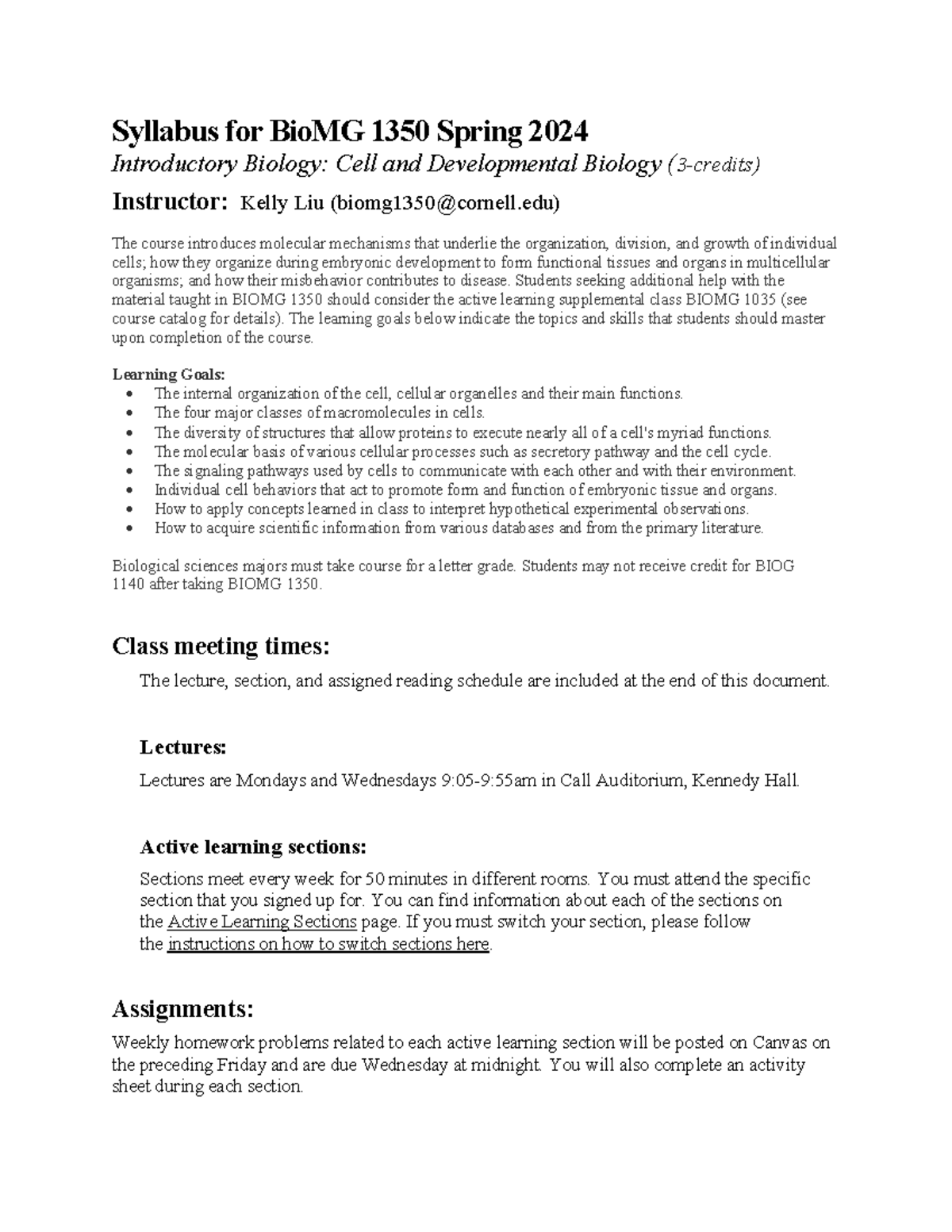 Syllabus with schedule Bio MG 1350 - Syllabus for BioMG 1350 Spring 202 4 Introductory Biology ...