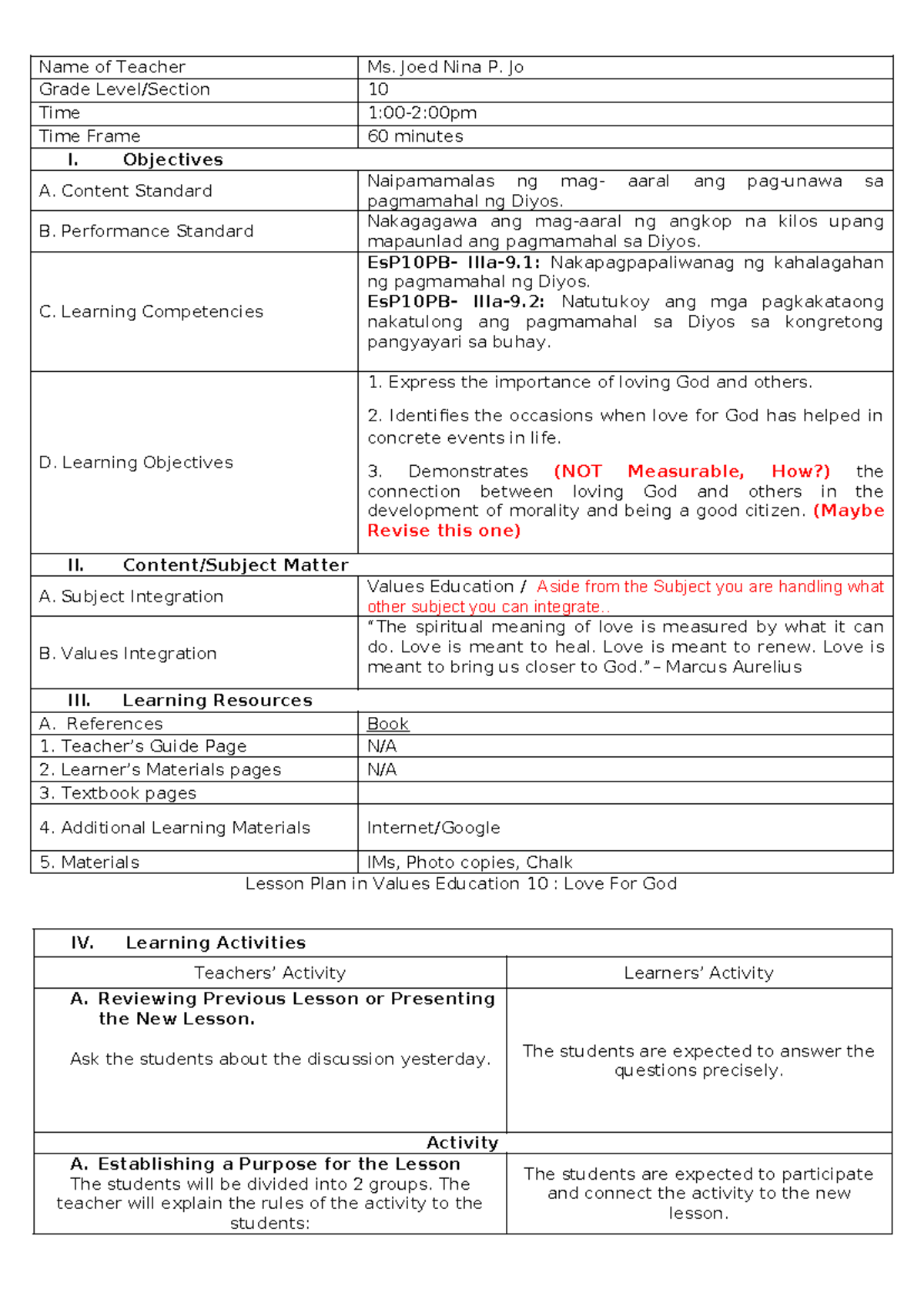 JOED- Lesson-PLAN - DepEd format lesson Plan. - Name of Teacher Ms ...