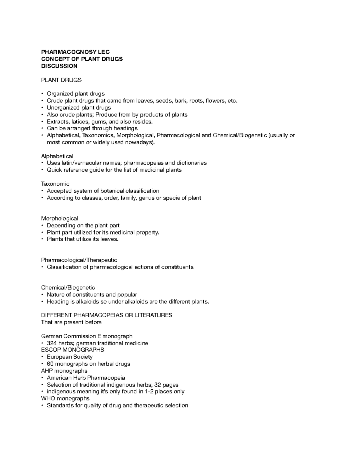 Plant Drugs LEC WEEK 2 - notes - PHARMACOGNOSY LEC CONCEPT OF PLANT ...