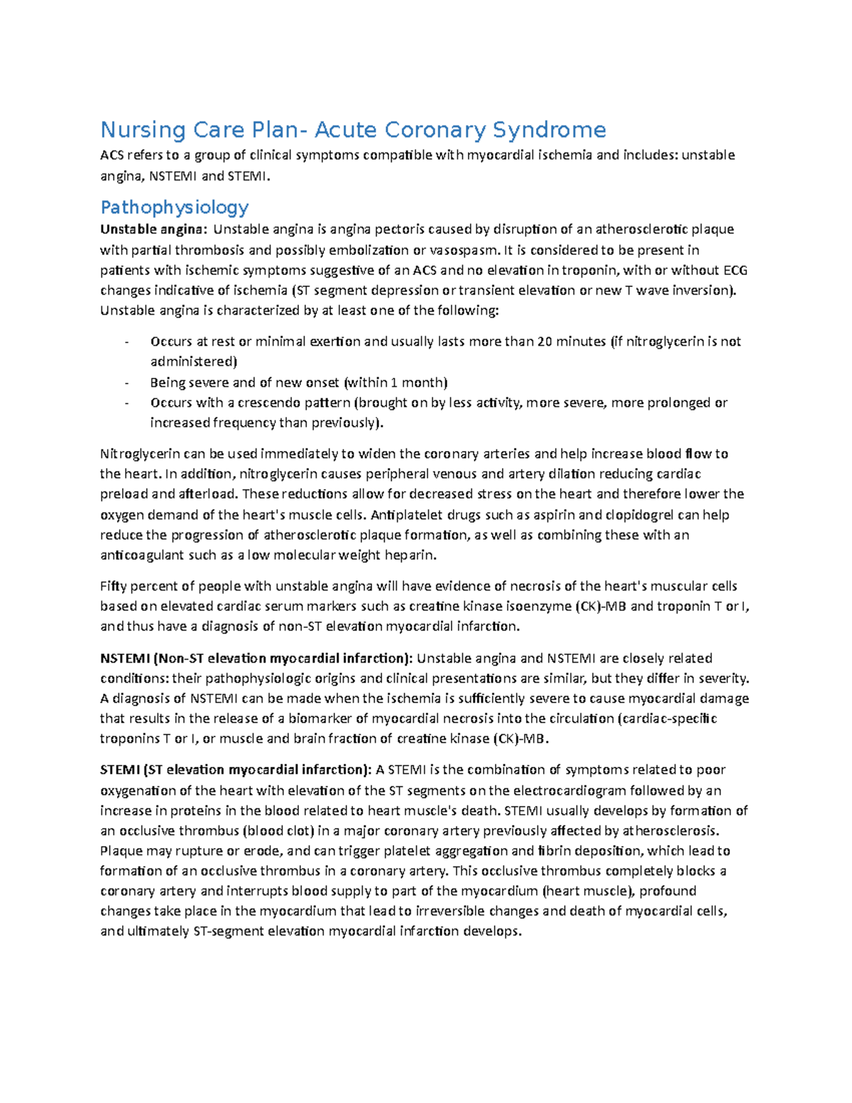 NCP cardiac - Summary Clinical Nursing Experience - Nursing Care Acute ...