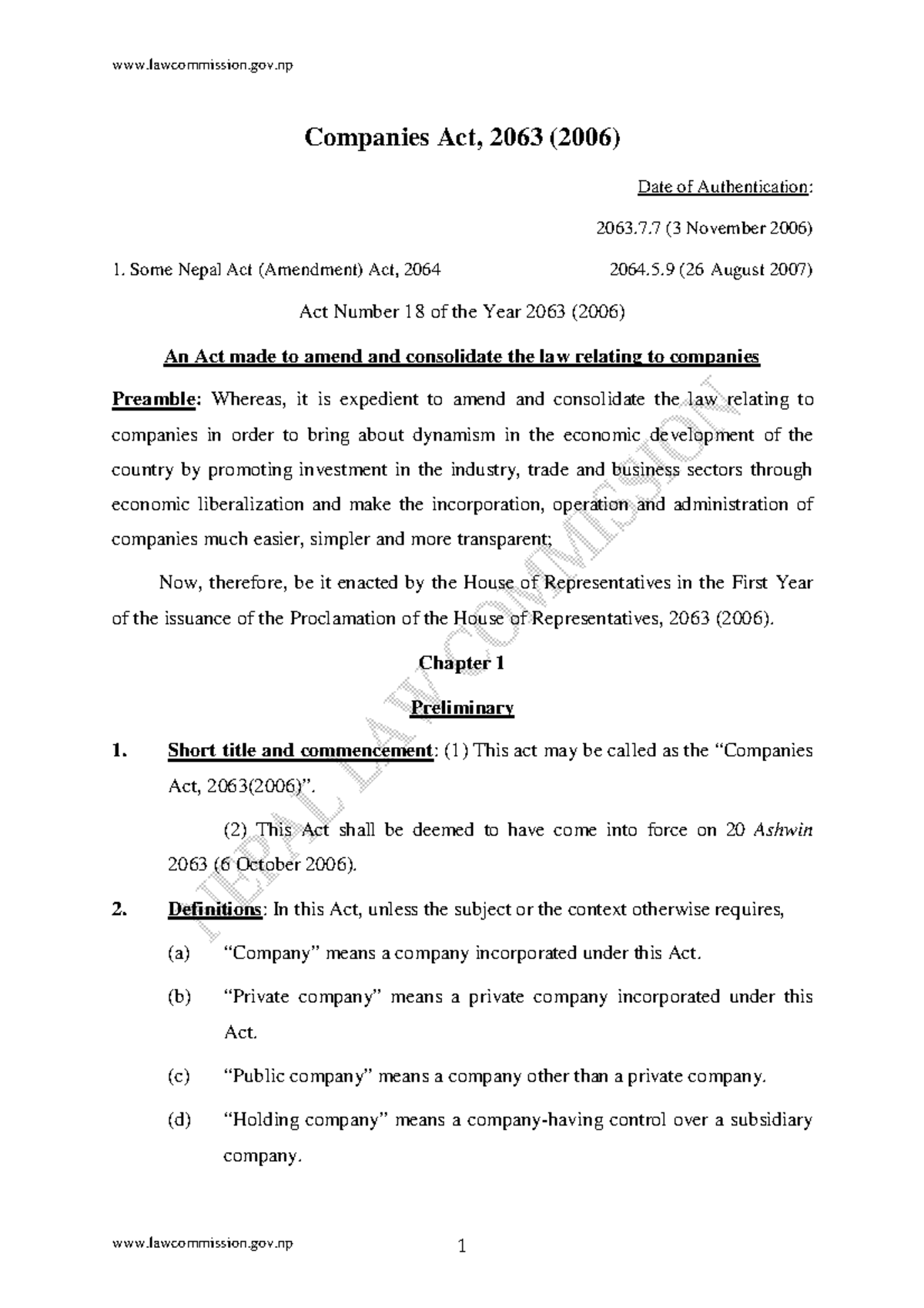 Companies act - lawcommission.gov Companies Act, 2063 (2006) Date of ...