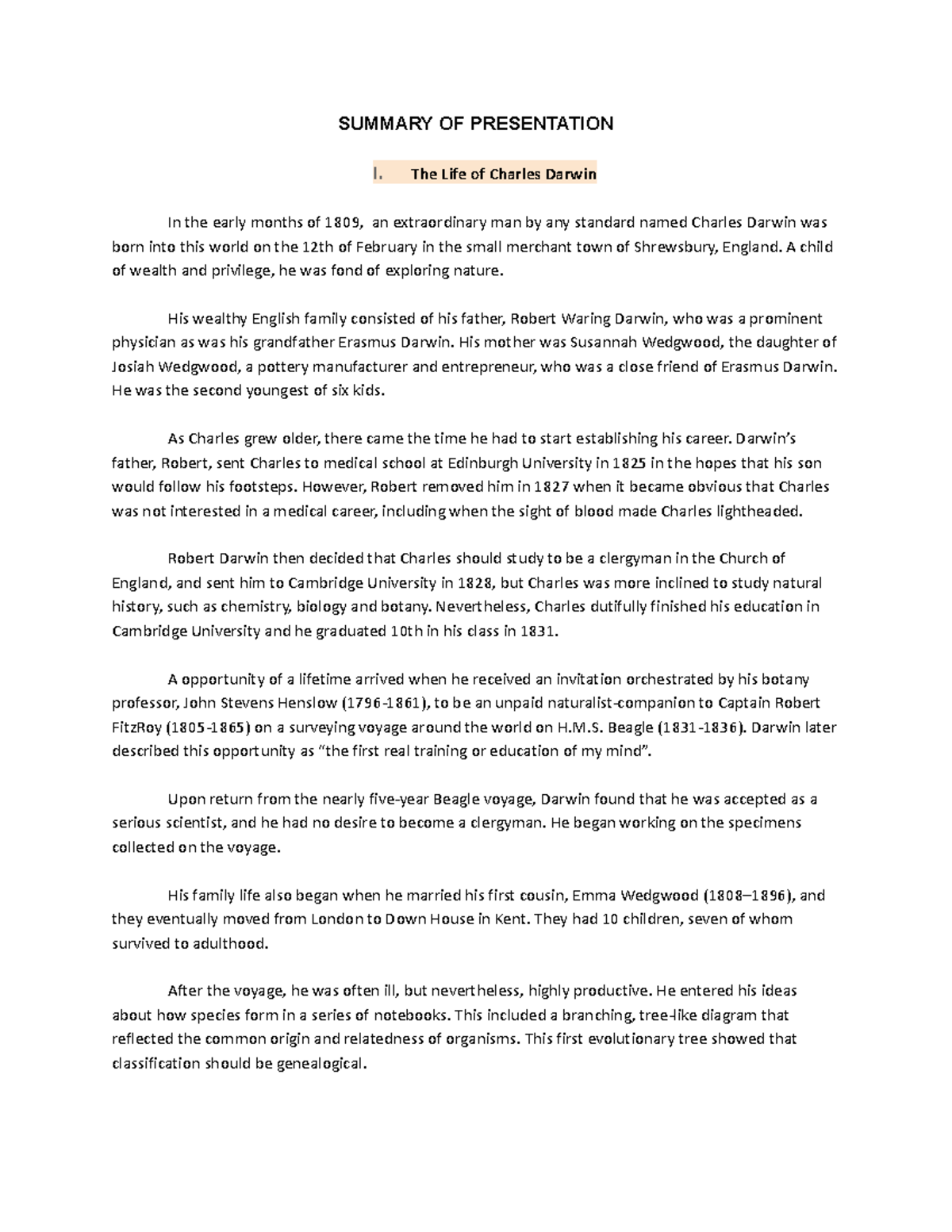 Darwinian Revolution Summary - SUMMARY OF PRESENTATION I. The Life of ...