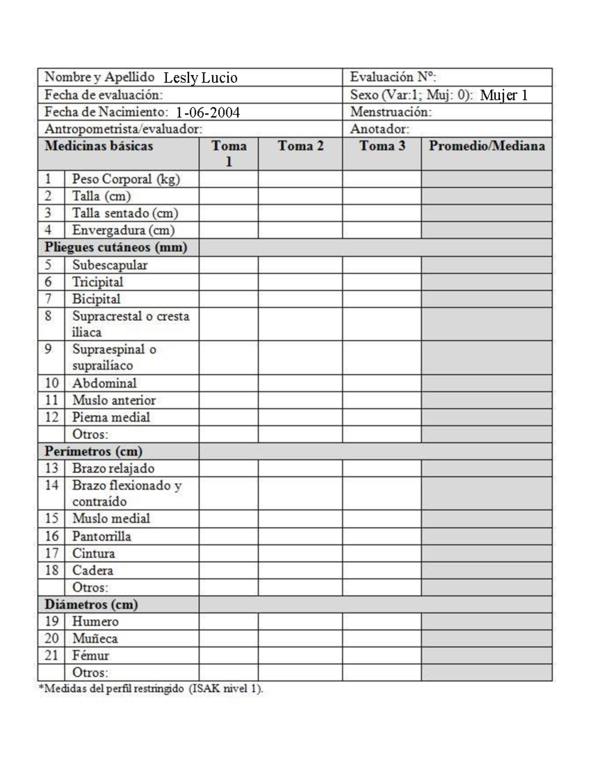 Medidas ISAK - ... - Deporte - Lesly Lucio 1 - 06 - 2004 Mujer 1 - Studocu