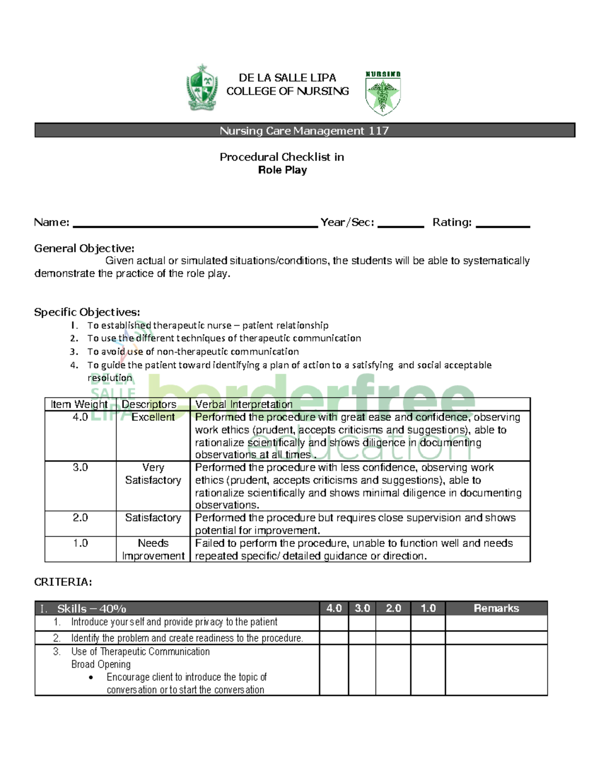 Role-Play-Checklist - DE LA SALLE LIPA COLLEGE OF NURSING Nursing Care ...
