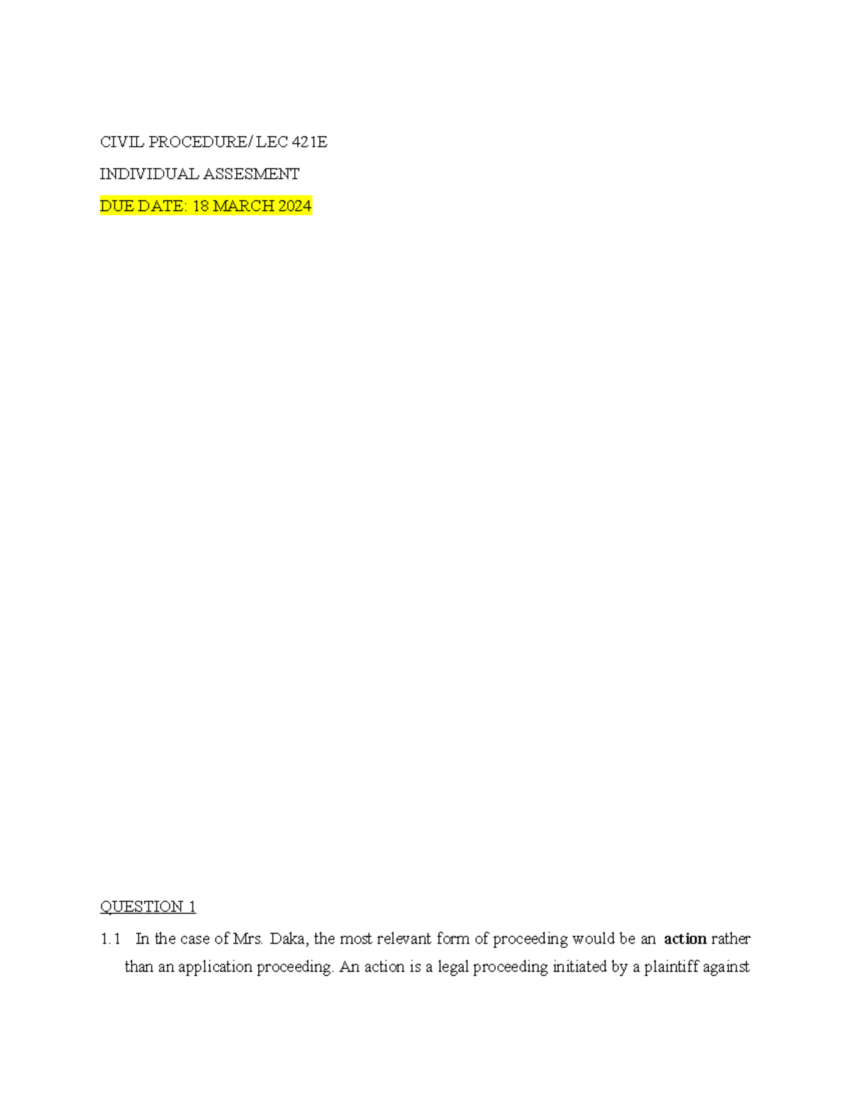 Civil Procedure Final Draft - CIVIL PROCEDURE/ LEC 421E INDIVIDUAL ...