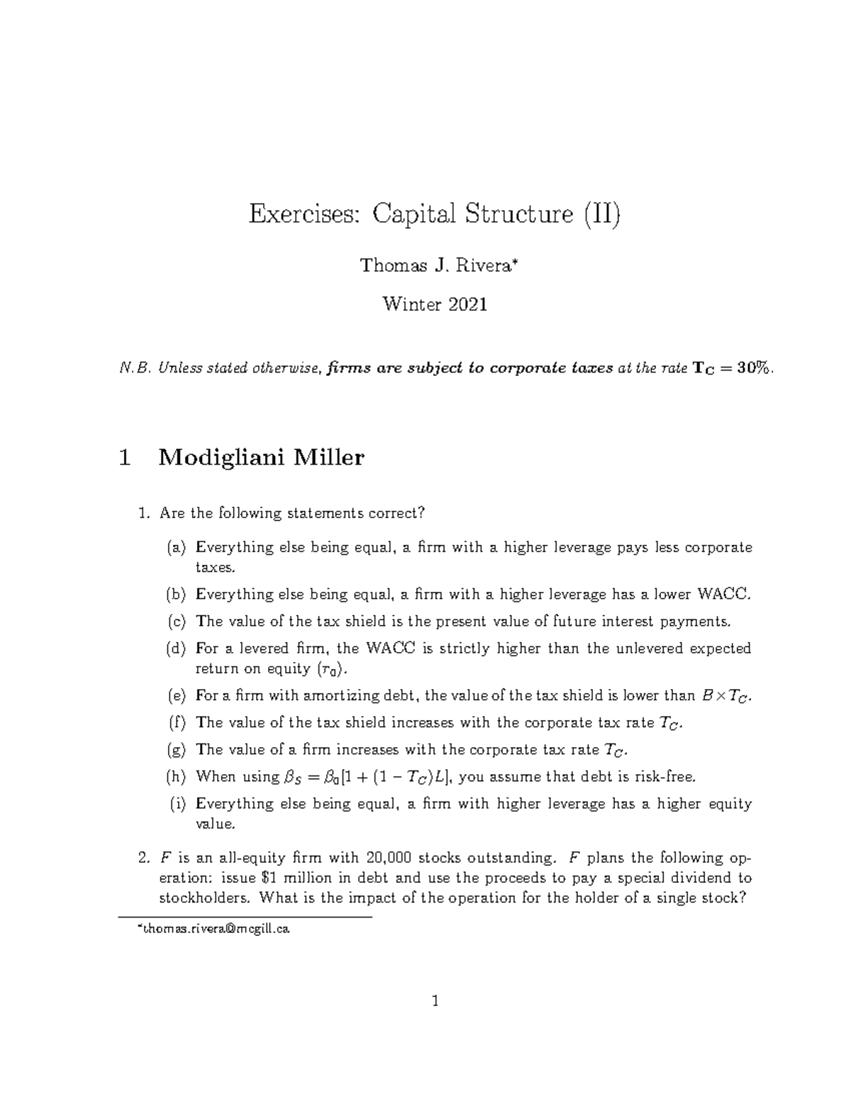 Cap Structure 2 Exercises - Exercises: Capital Structure (II) Thomas J ...
