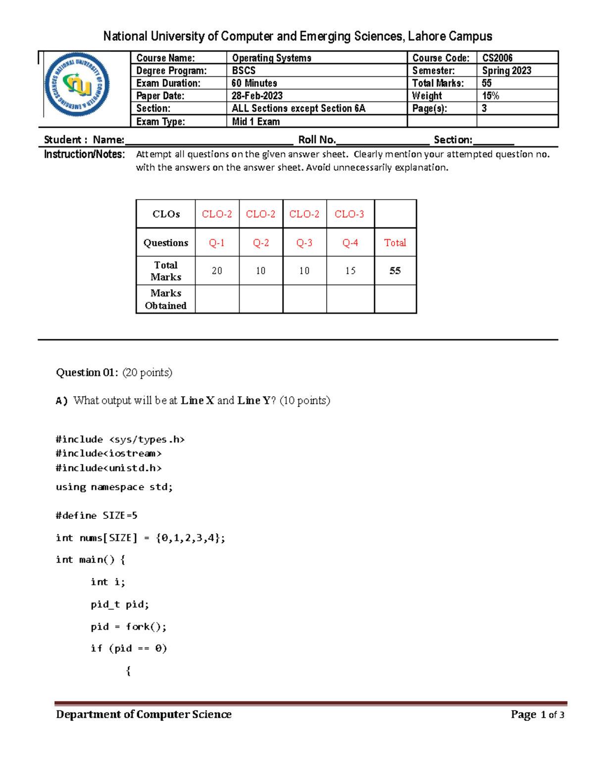 OS Mid-1 - OS Midterm Exam - Department of Computer Science Page 1 of 3 ...